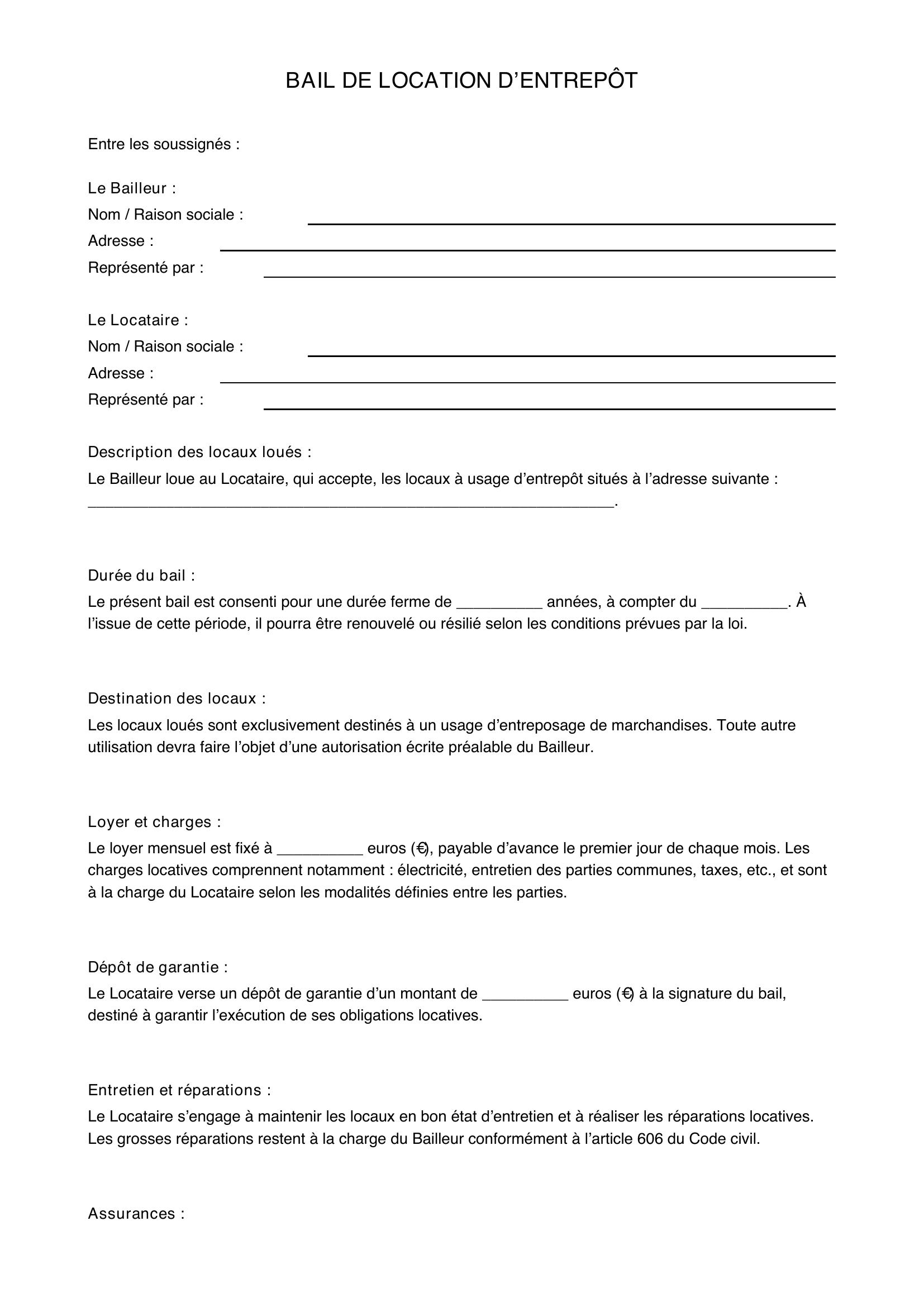 Modèle Bail Location Entrepôt