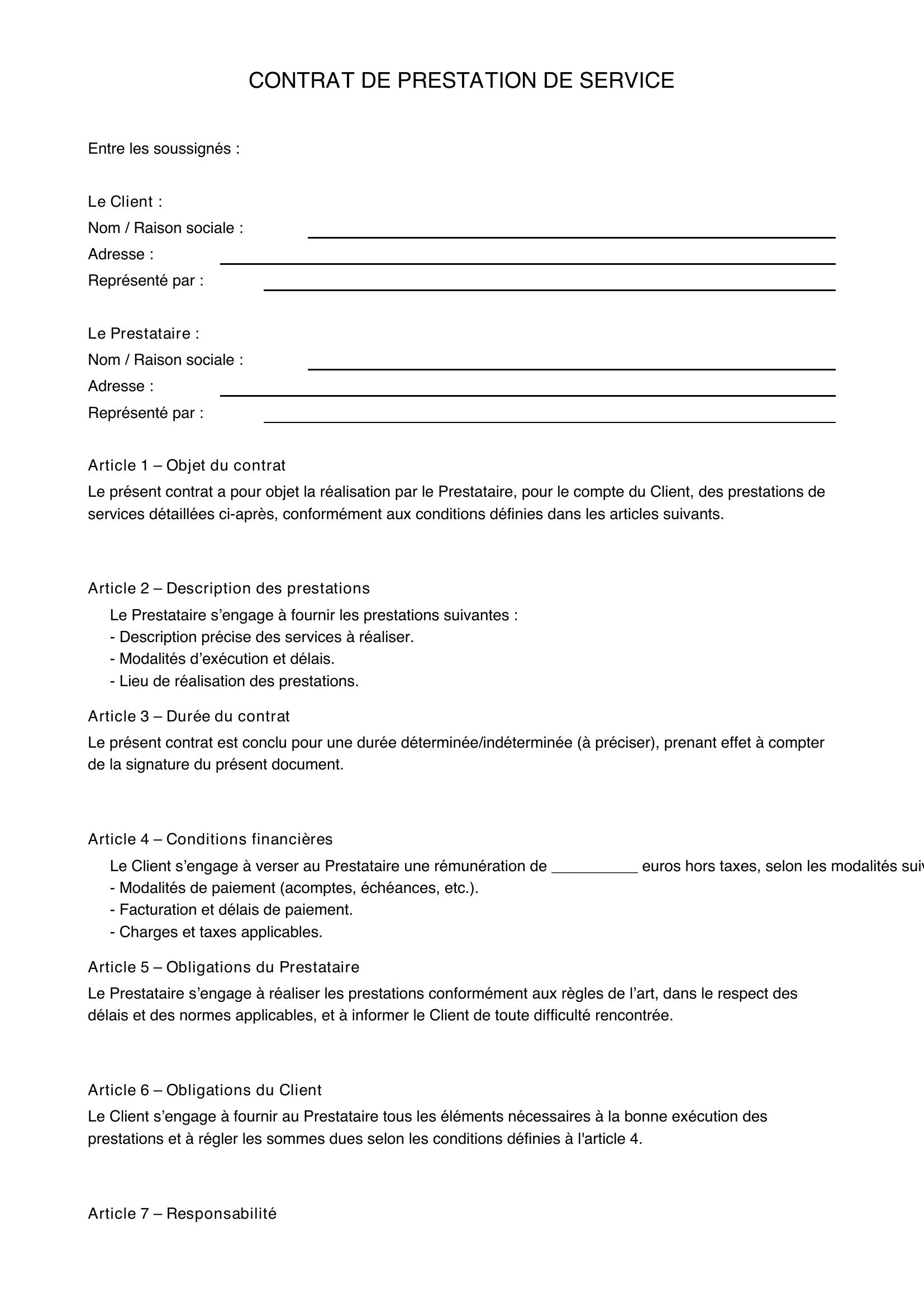 Modèles De Contrat De Prestation De Service