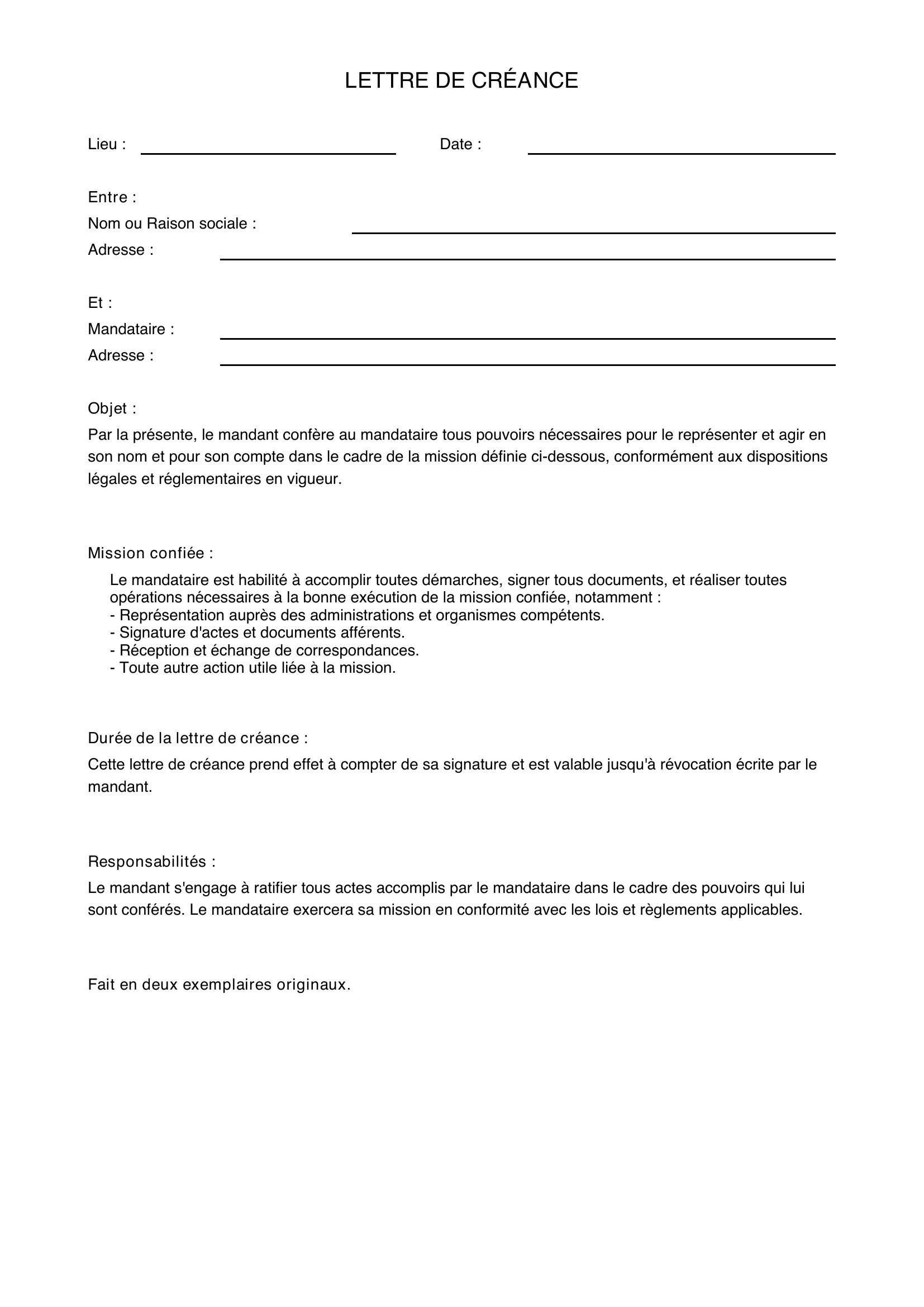 Lettre De Créance Exemple