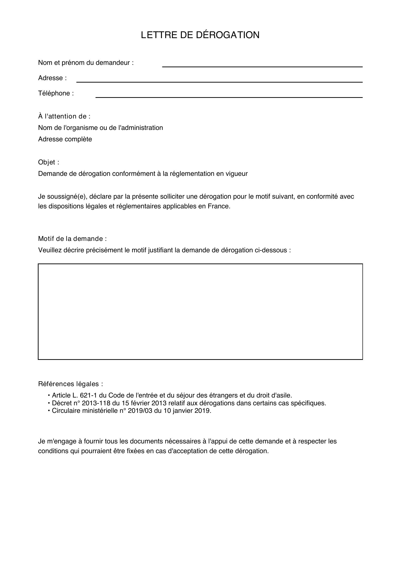 Lettre De Dérogation Exemple