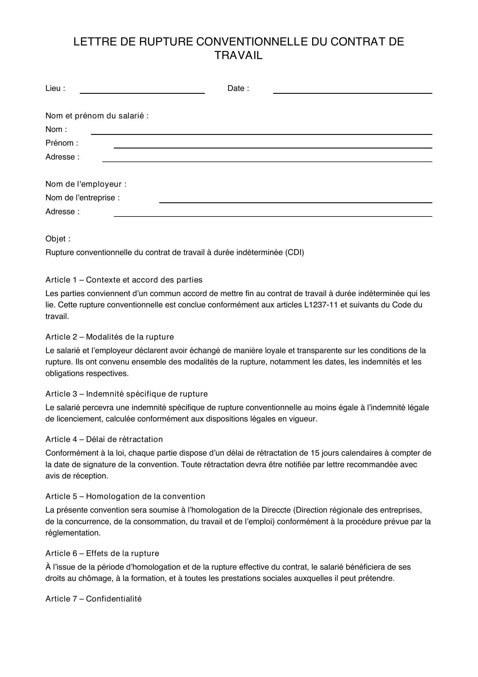 Modèle Lettre Rupture Conventionnelle