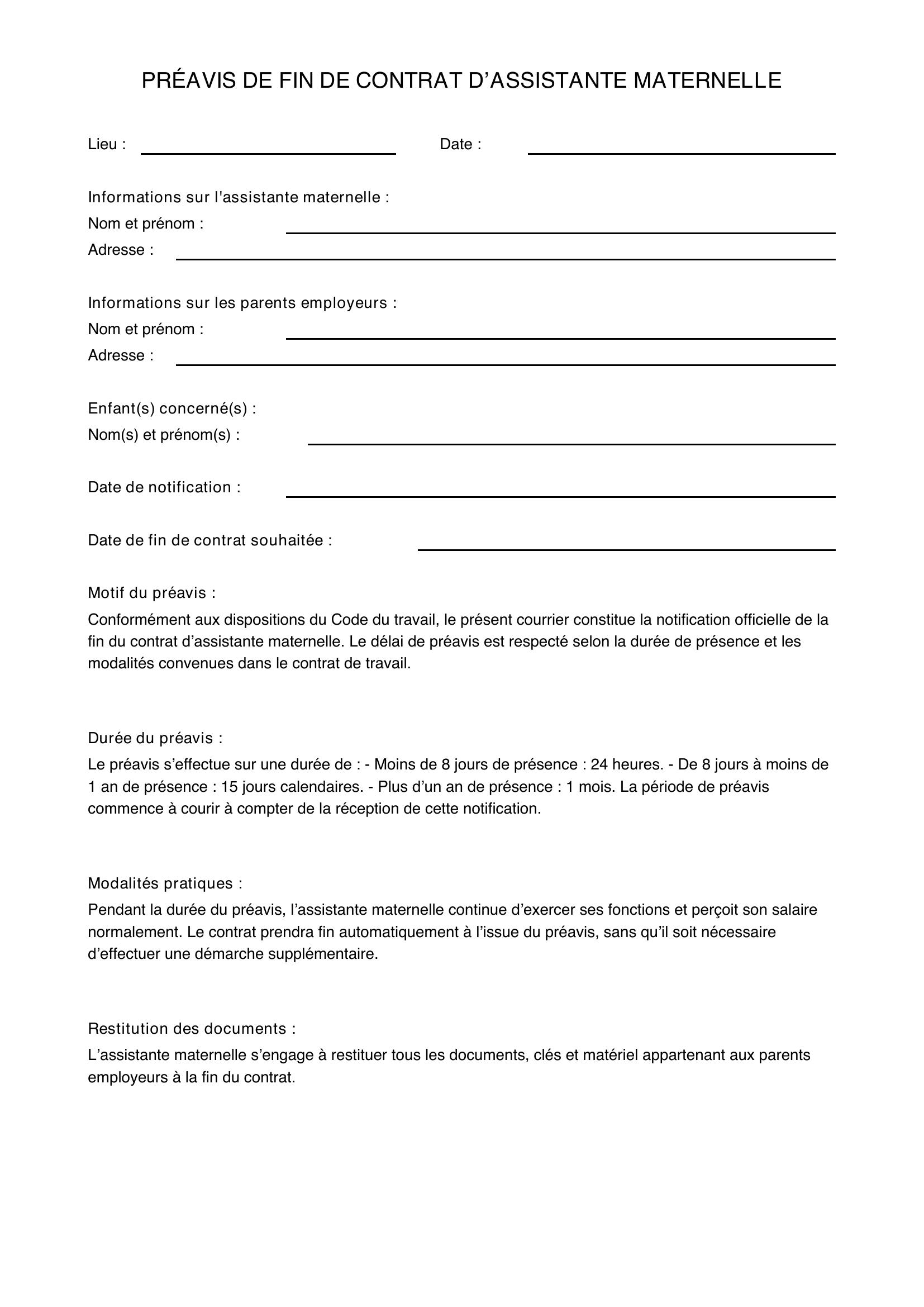 Modele Preavis Assistante Maternelle