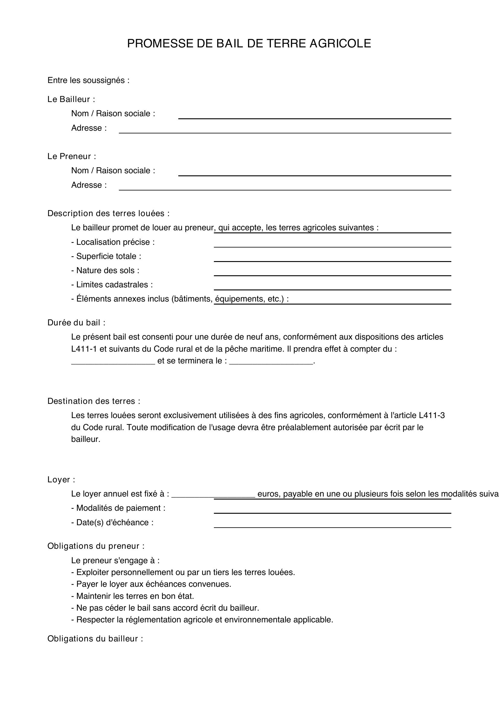 Modèle Promesse De Bail Terre Agricole